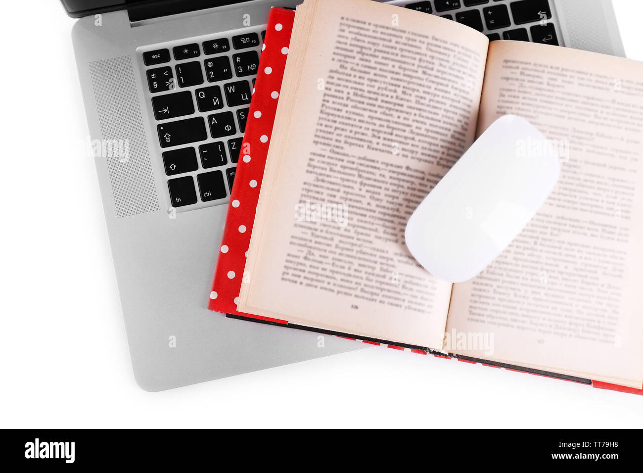 Laptop, open book and computer mouse on white background Stock Photo ...