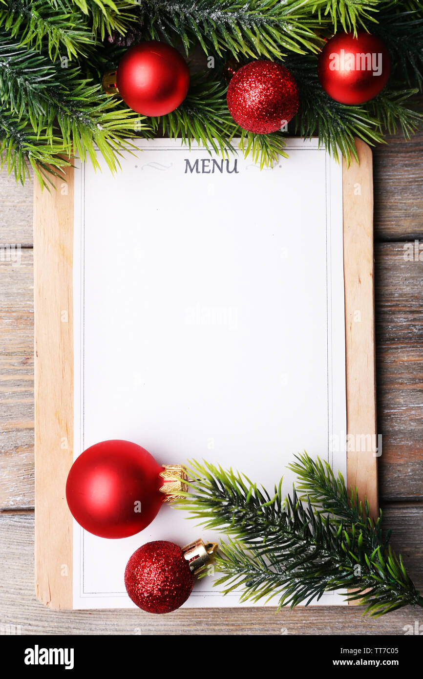 Menu board with Christmas decoration on wooden planks background Stock ...