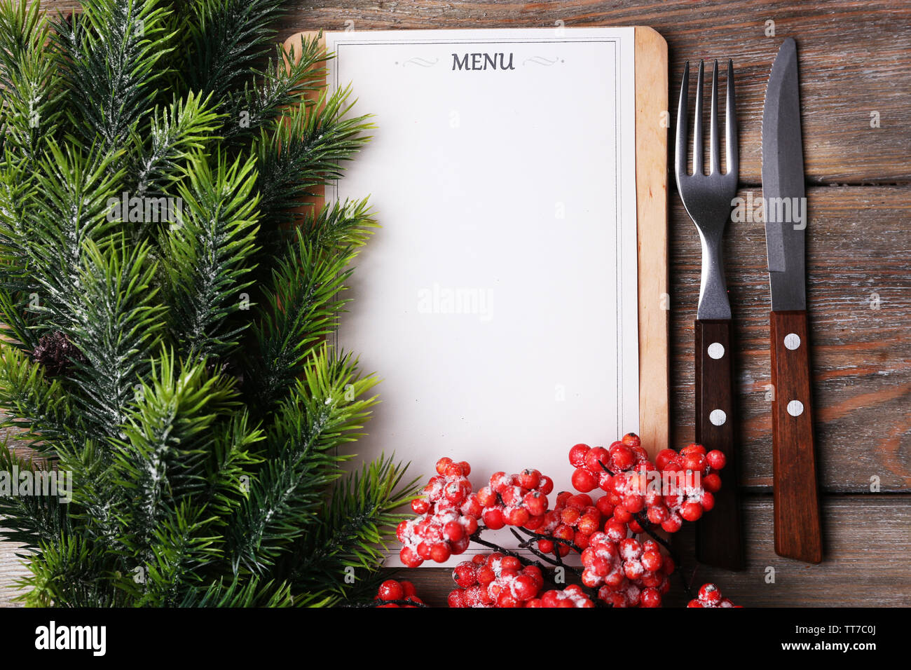 Menu board with Christmas decoration on wooden planks background Stock ...
