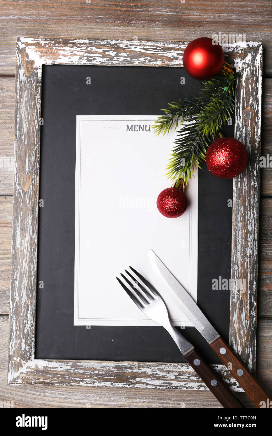 Menu board with Christmas decoration on wooden planks background Stock ...