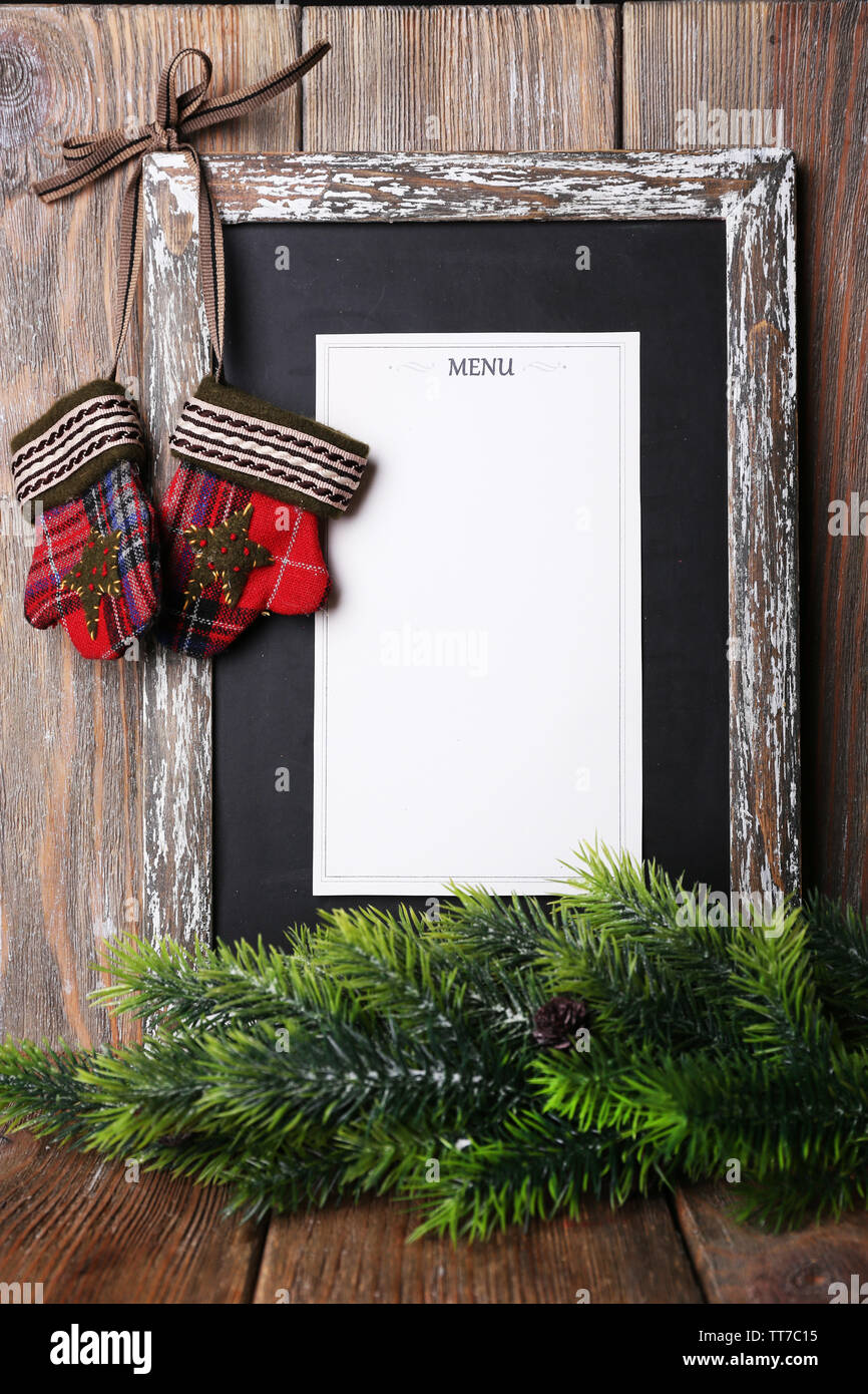Menu board with Christmas decoration on wooden planks background Stock ...