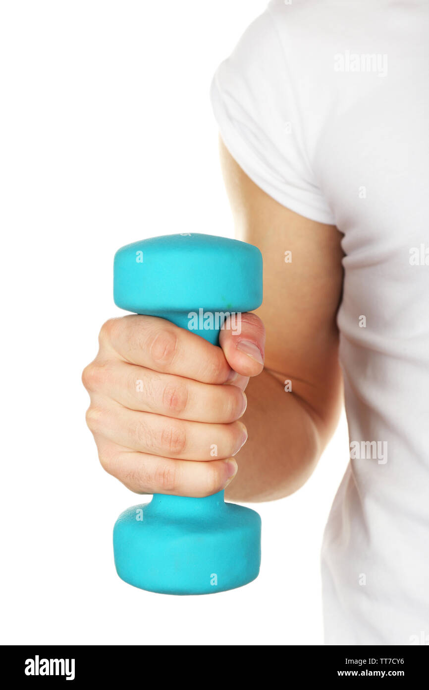 Male hand with dumbbell isolated on white Stock Photo - Alamy