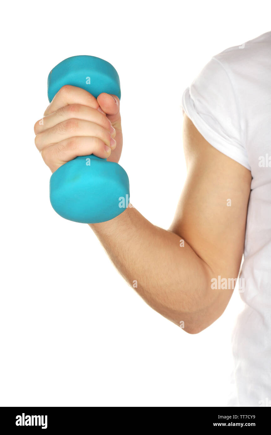 Male hand with dumbbell isolated on white Stock Photo - Alamy