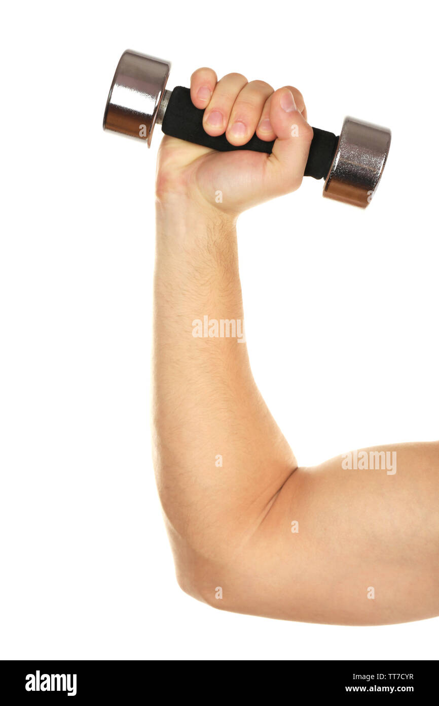 Male hand with dumbbell isolated on white Stock Photo - Alamy