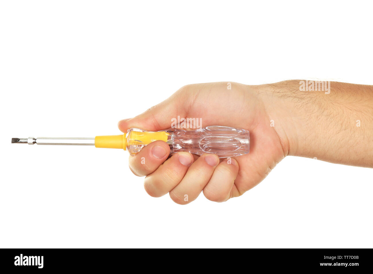 Screwdriver in male hand isolated on white Stock Photo - Alamy