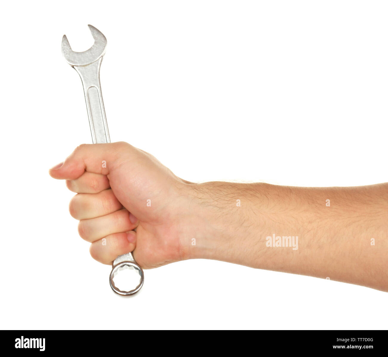 Metal wrench in male hand isolated on white Stock Photo - Alamy
