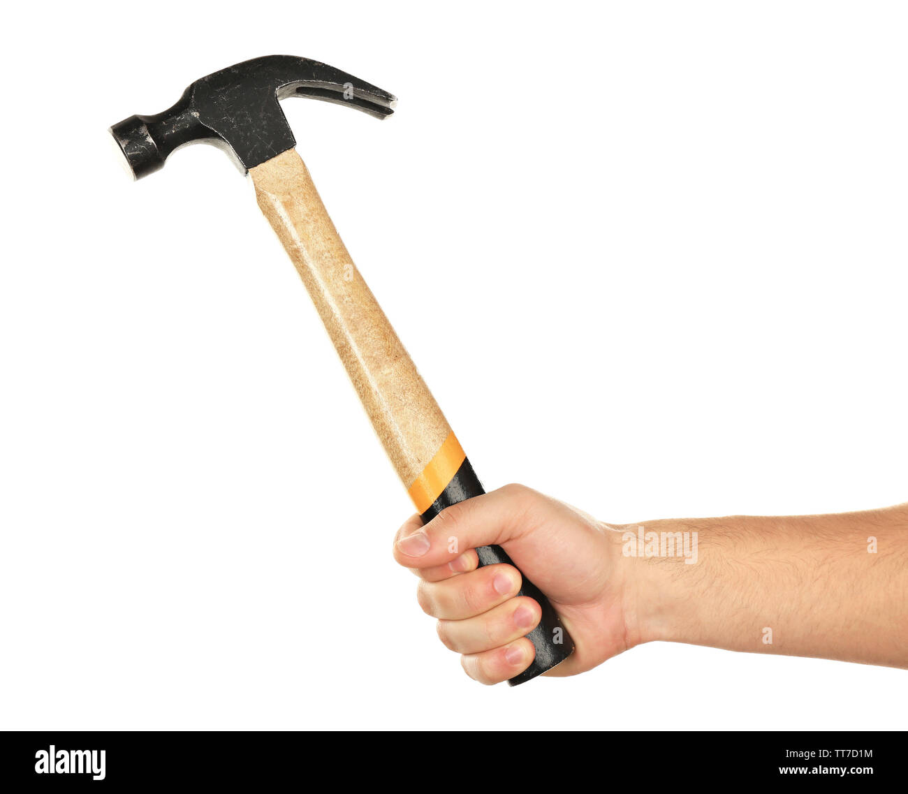 Male hand with hammer isolated on white Stock Photo - Alamy
