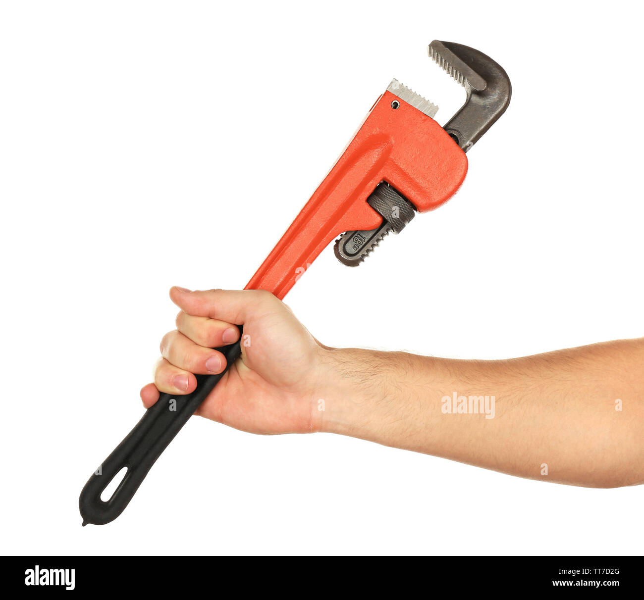 Plumbing wrench in male hand isolated on white Stock Photo - Alamy
