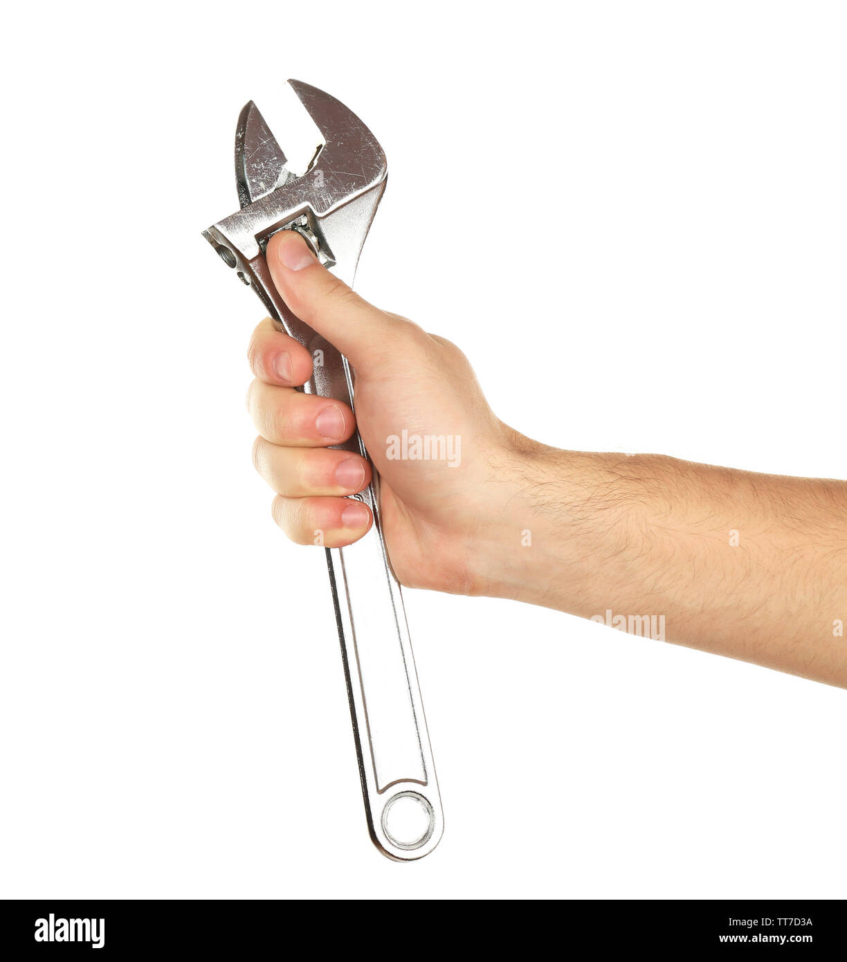 Adjustable wrench in male hand isolated on white Stock Photo - Alamy
