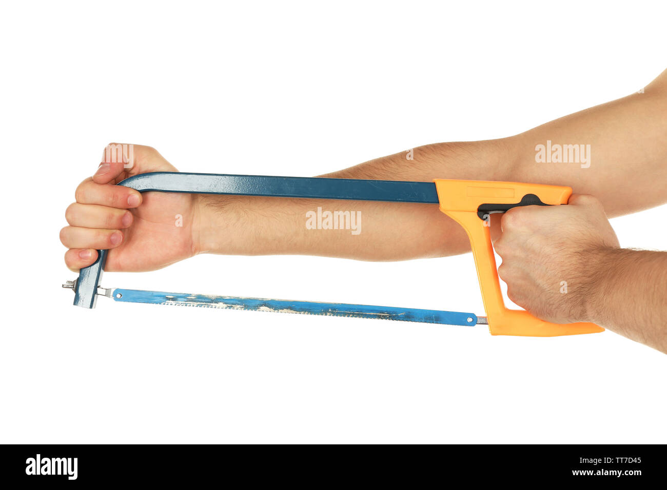 Male hand with hacksaw isolated on white Stock Photo - Alamy