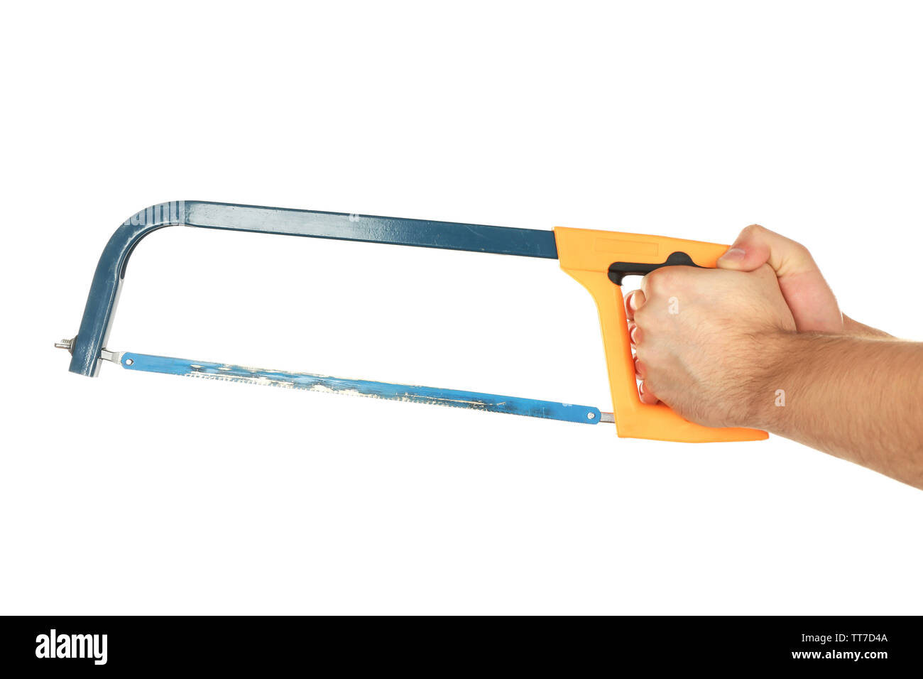 Male hand with hacksaw isolated on white Stock Photo - Alamy