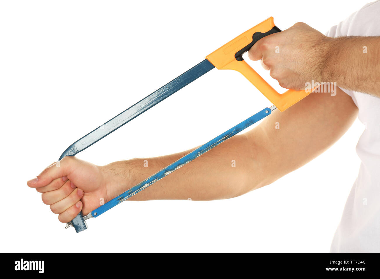 Male hand with hacksaw isolated on white Stock Photo - Alamy