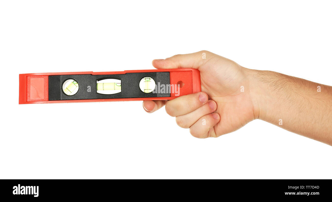Male hand with ruler level isolated on white Stock Photo - Alamy