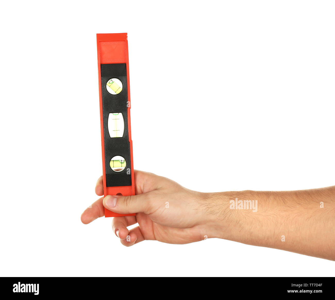 Male hand with ruler level isolated on white Stock Photo - Alamy