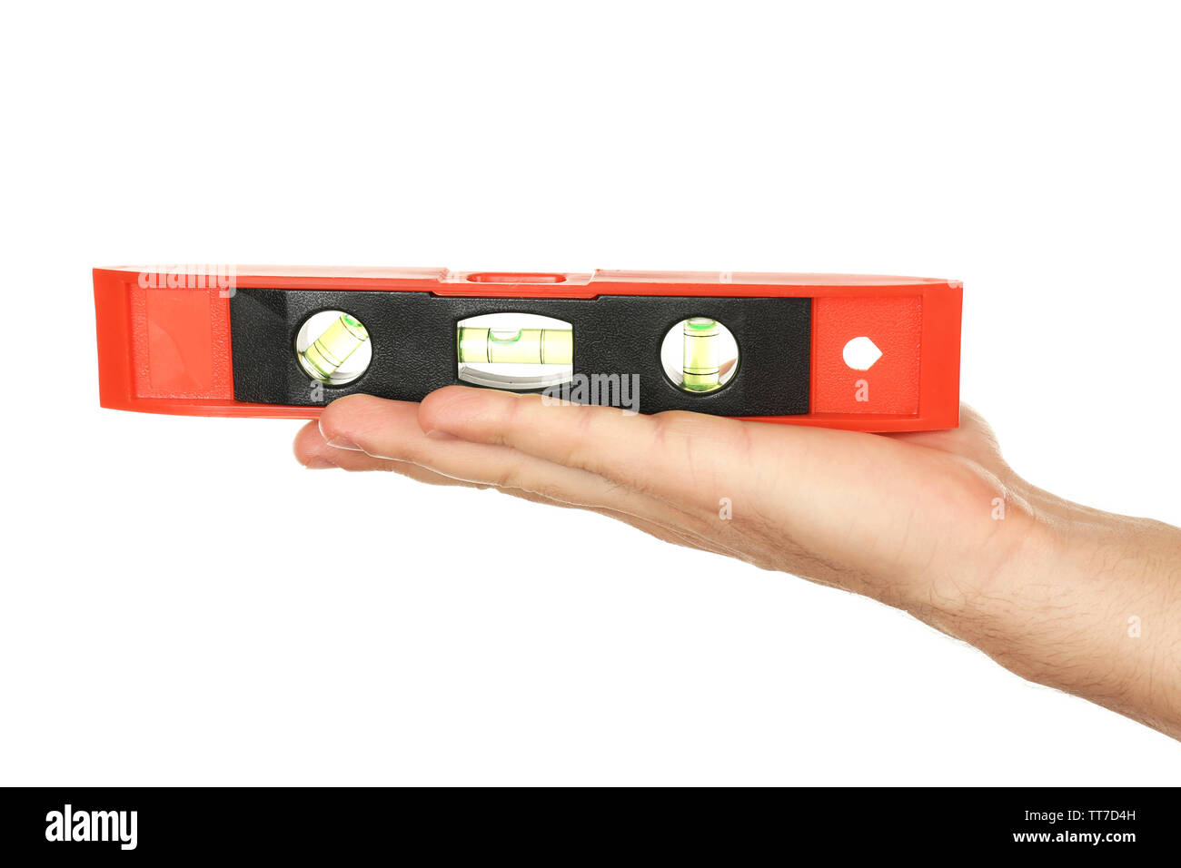 Male hand with ruler level isolated on white Stock Photo - Alamy