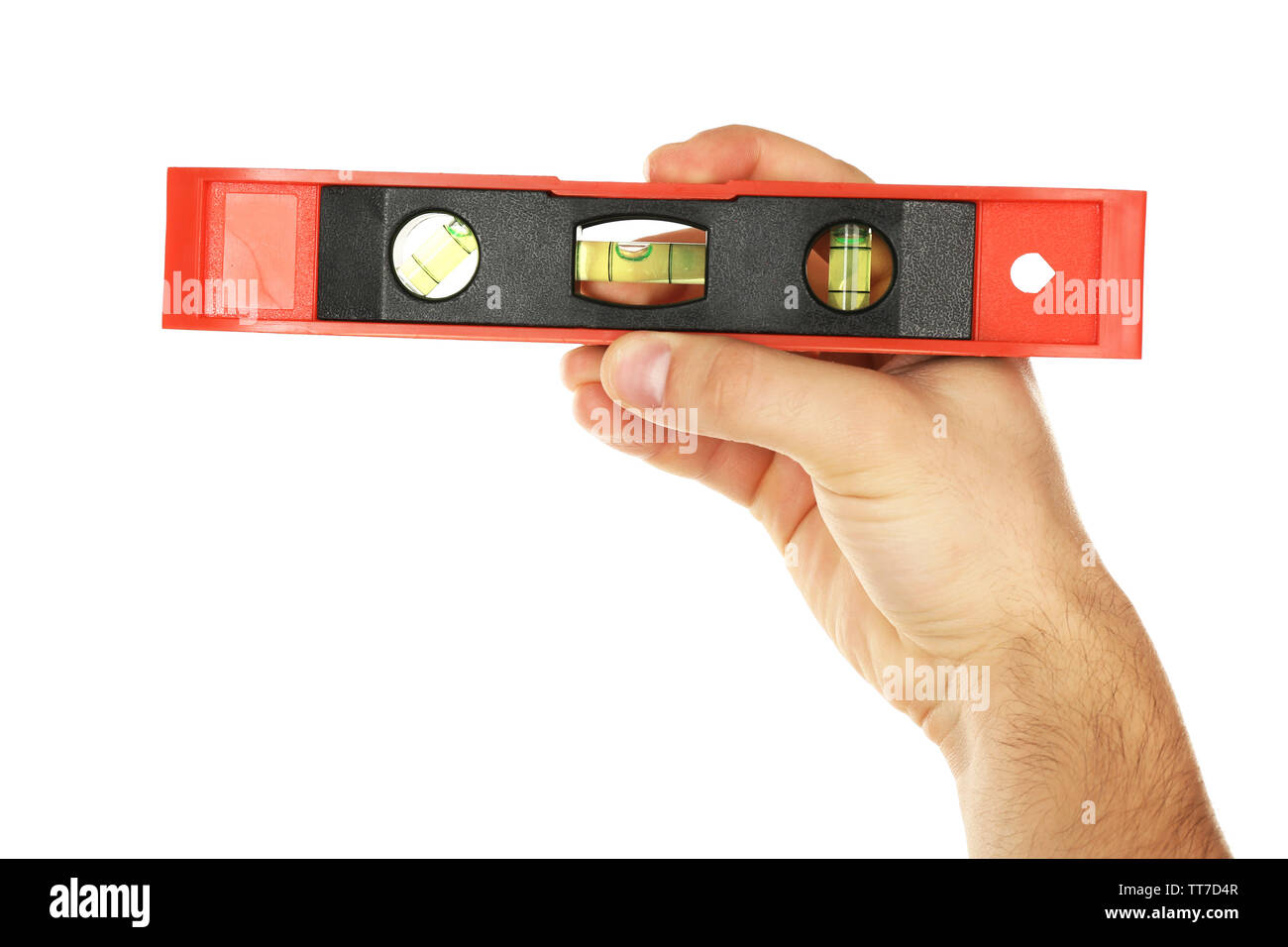 Male hand with ruler level isolated on white Stock Photo - Alamy