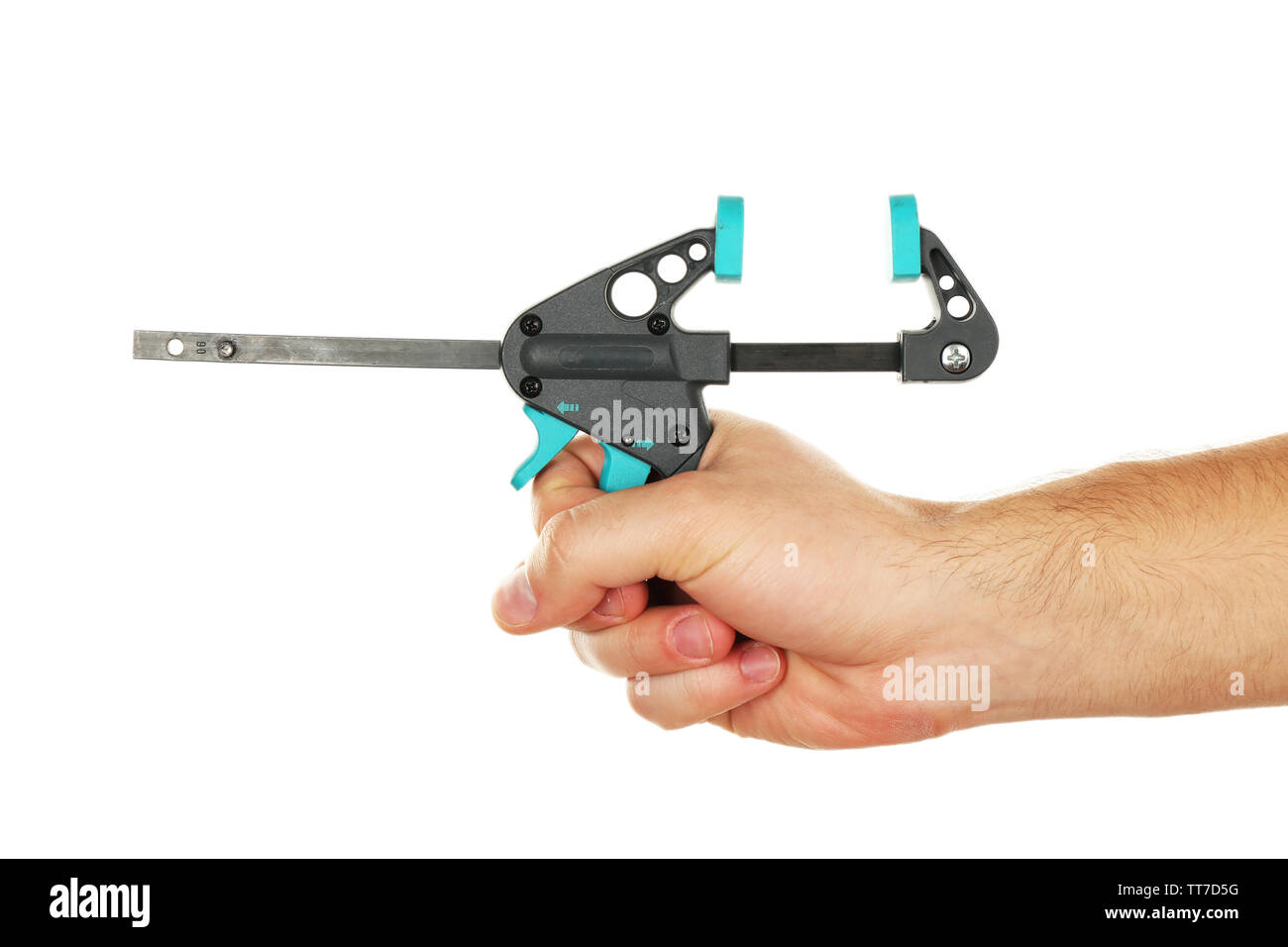 Clamp tool in male hand isolated on white Stock Photo - Alamy