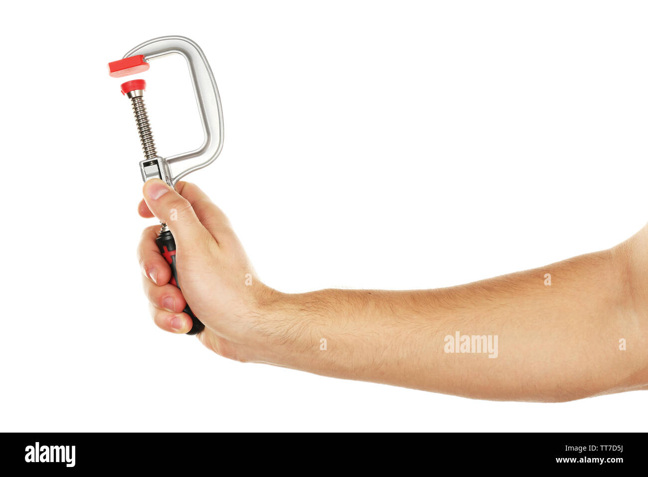 Clamp tool in male hand isolated on white Stock Photo - Alamy