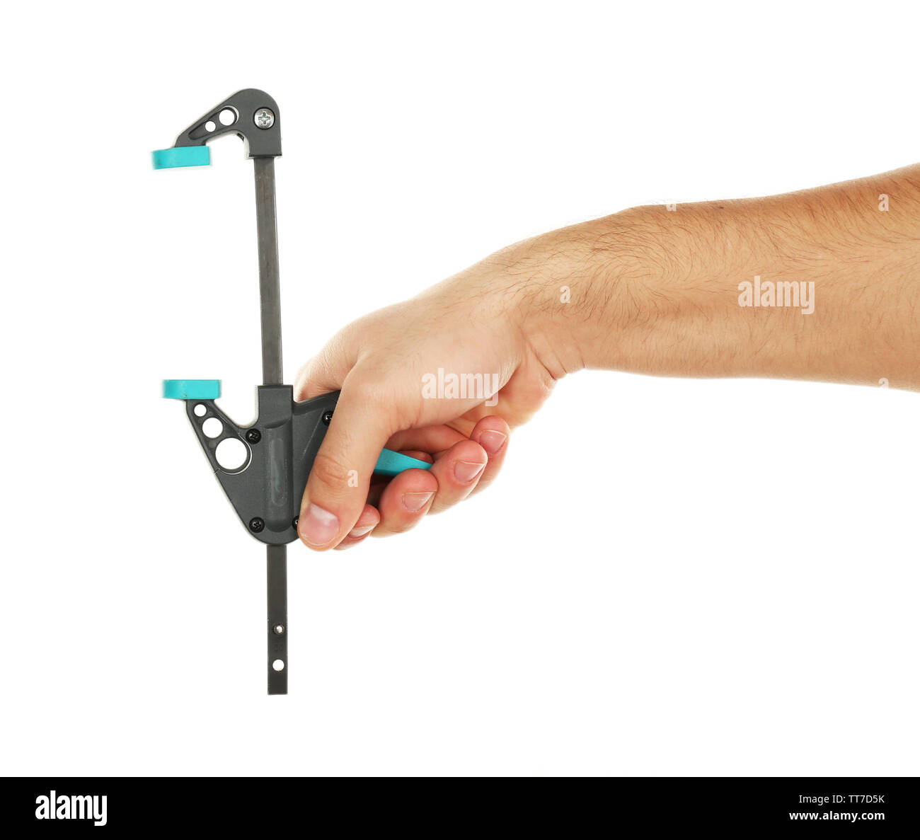 Clamp tool in male hand isolated on white Stock Photo - Alamy