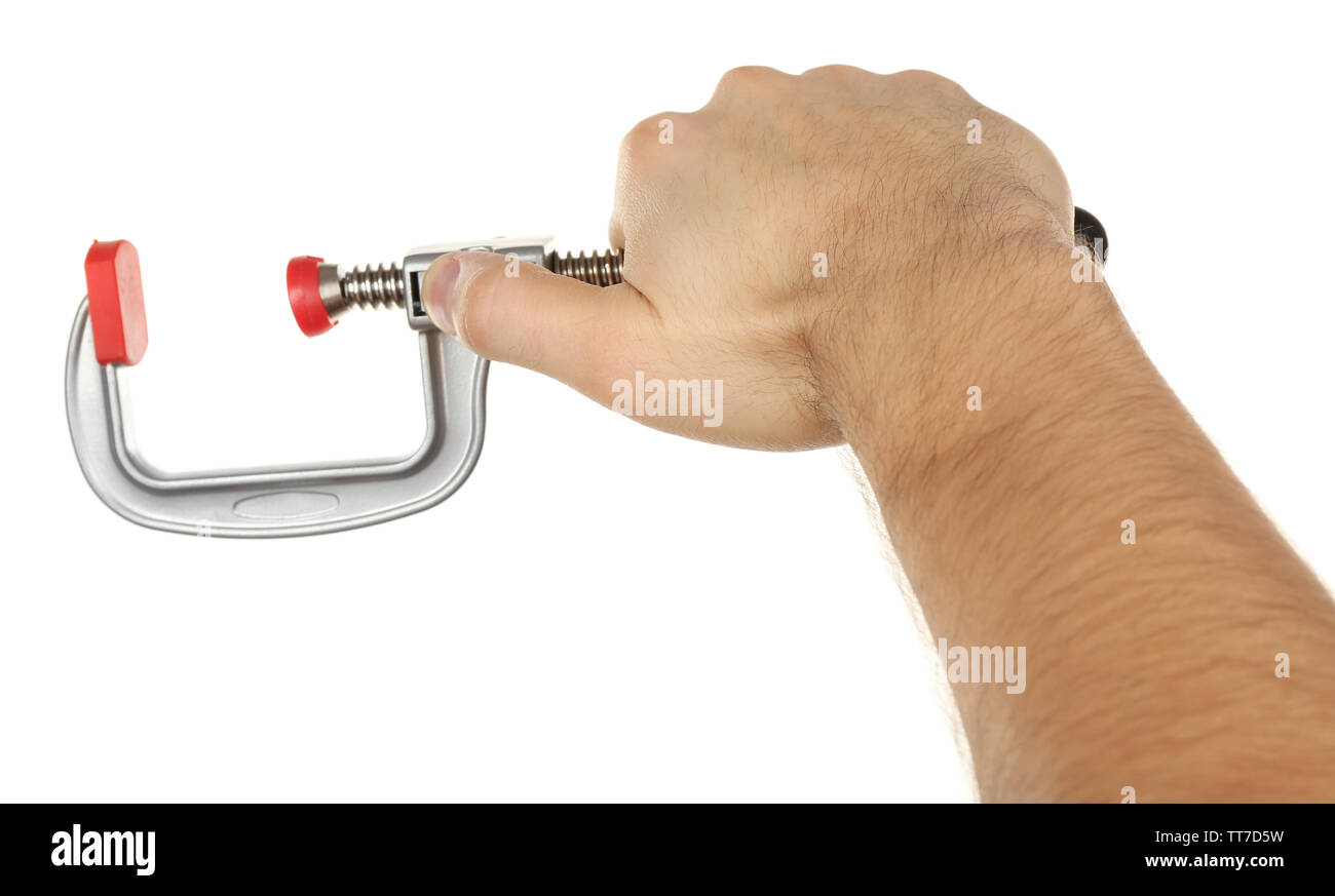 Clamp tool in male hand isolated on white Stock Photo - Alamy