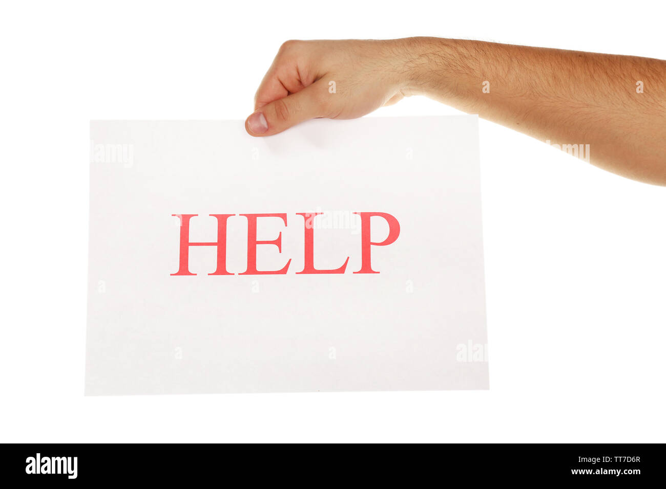 Sheet of paper with Help sign in male hand isolated on white Stock ...