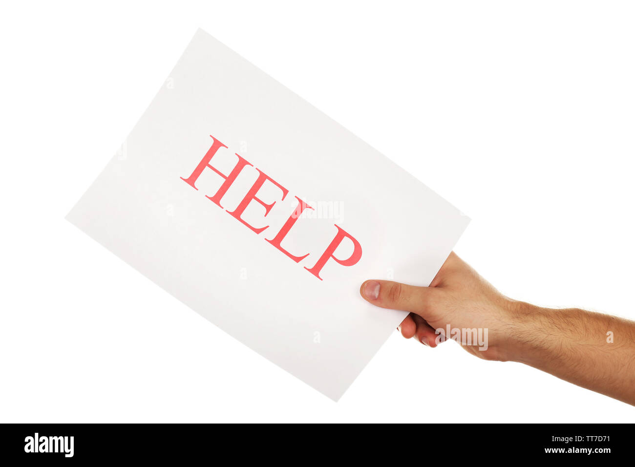 Sheet of paper with Help sign in male hand isolated on white Stock ...
