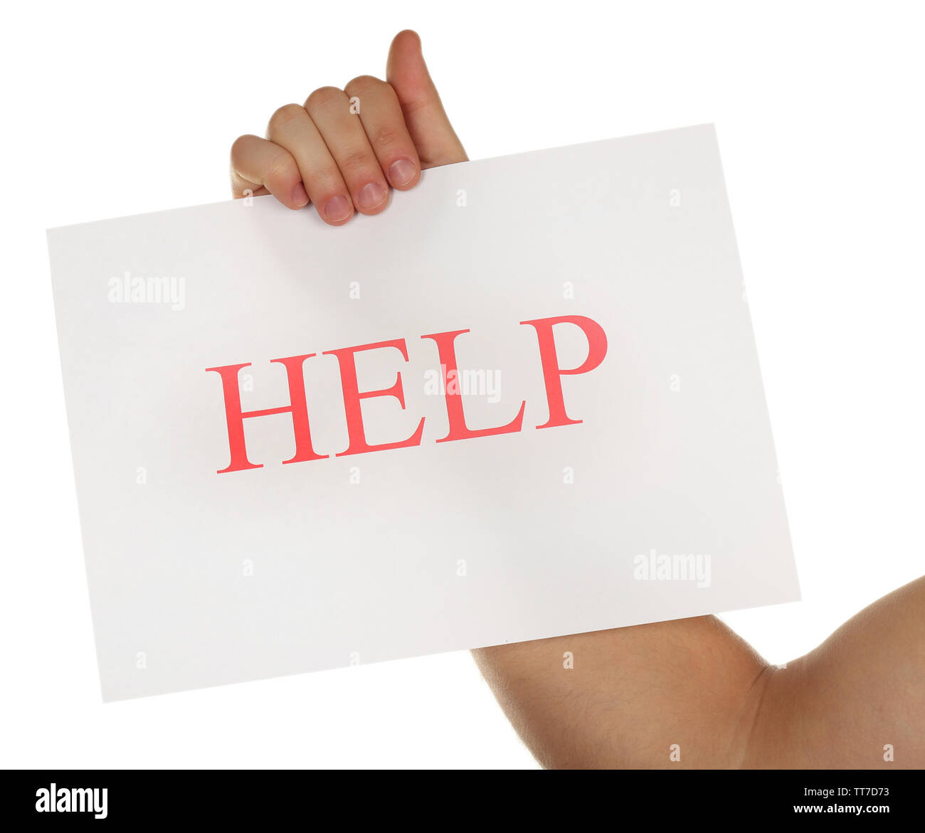 Sheet of paper with Help sign in male hand isolated on white Stock ...
