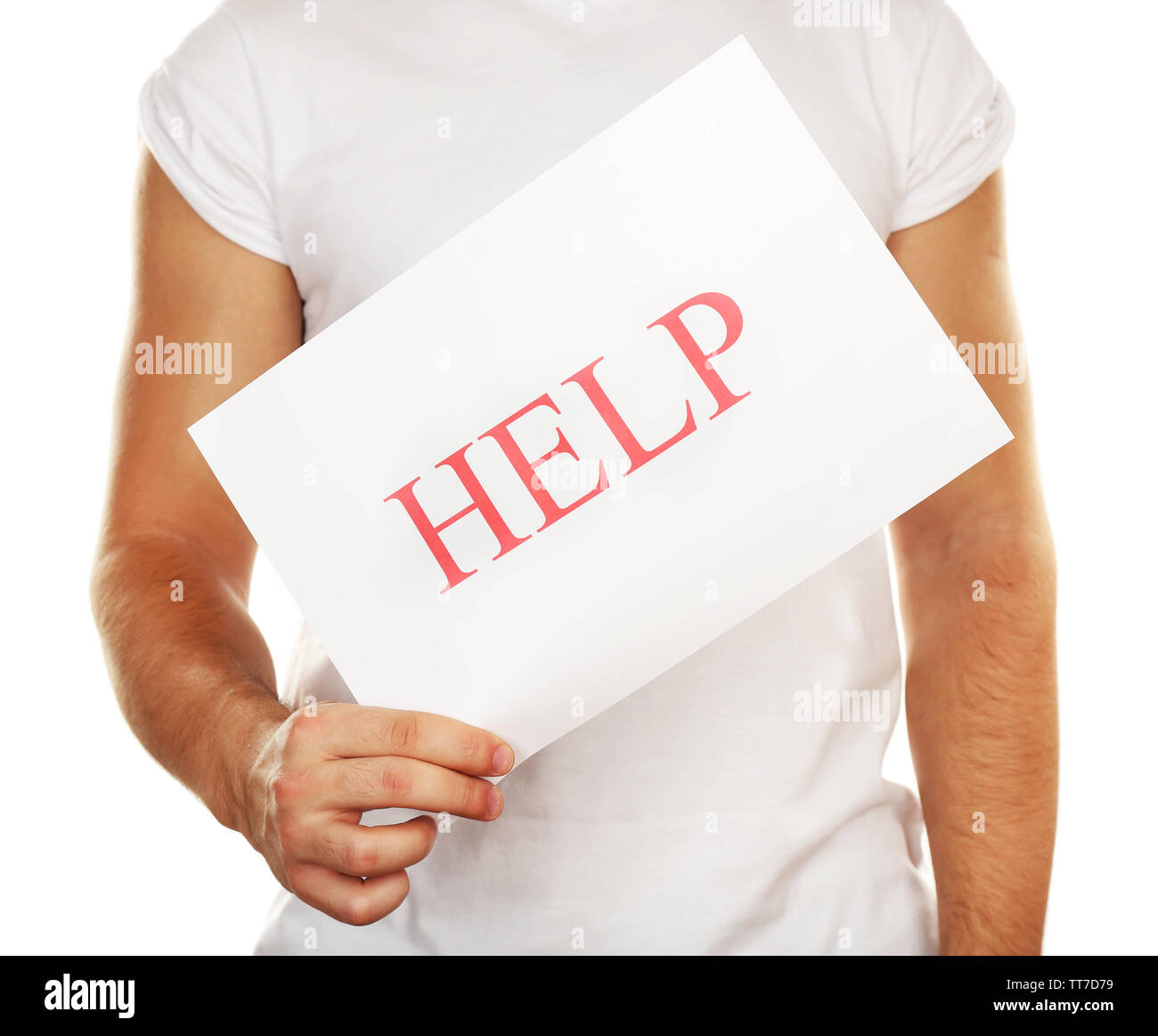 Sheet of paper with Help sign in male hand isolated on white Stock ...