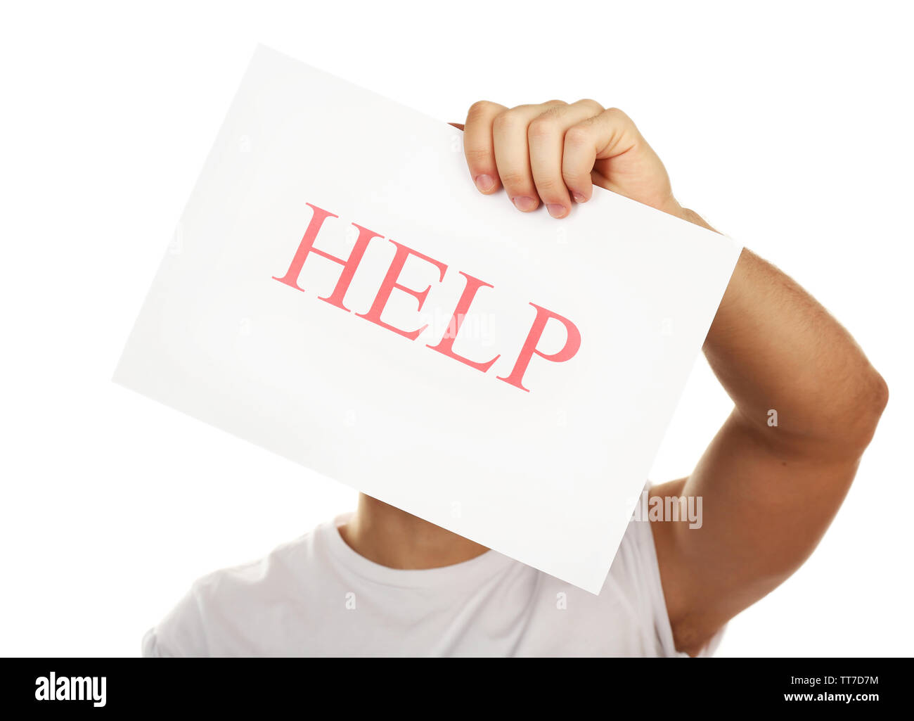Sheet of paper with Help sign in male hand isolated on white Stock ...