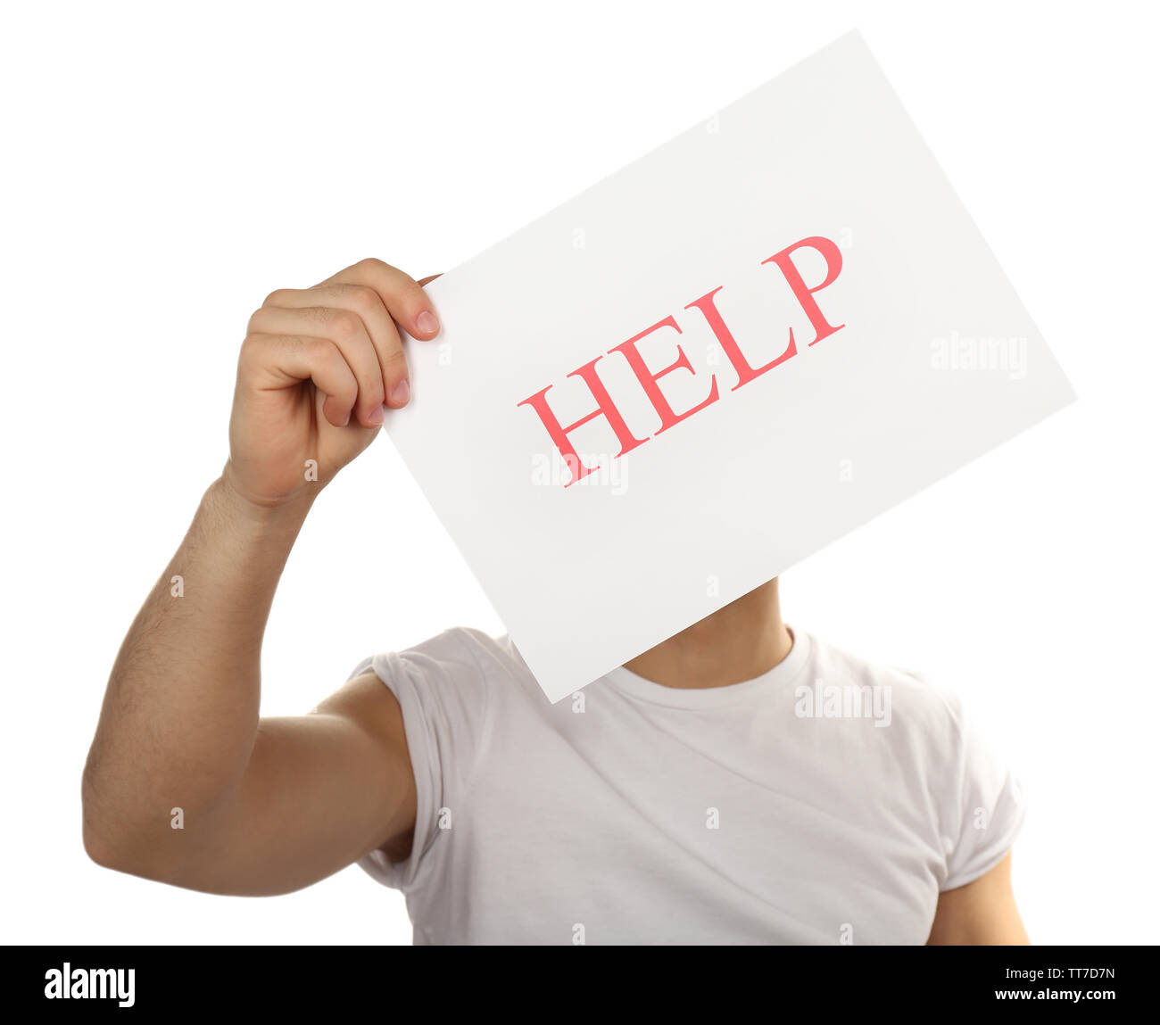 Sheet of paper with Help sign in male hand isolated on white Stock ...
