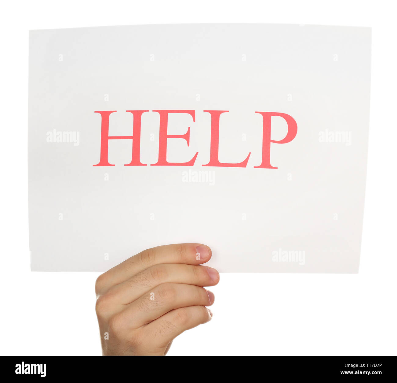 Sheet of paper with Help sign in male hand isolated on white Stock ...