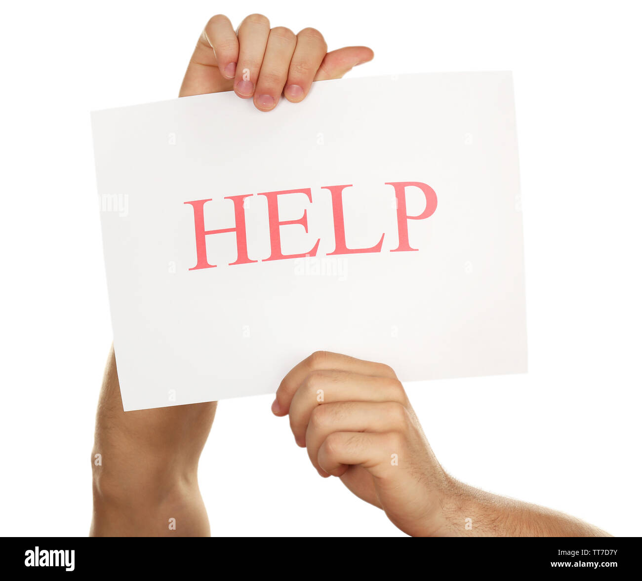 Sheet of paper with Help sign in male hands isolated on white Stock ...