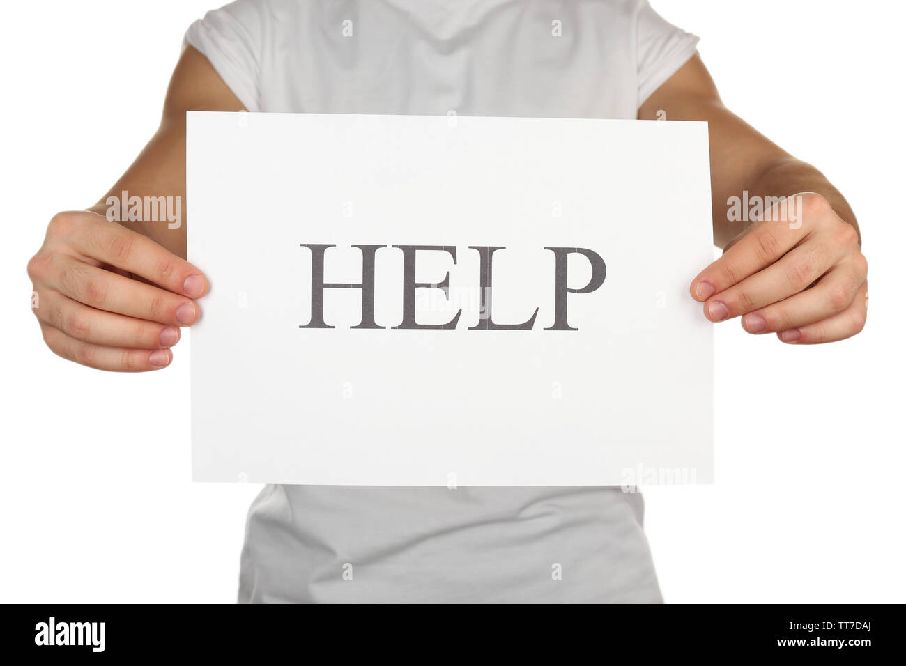 Sheet of paper with Help sign in male hands isolated on white Stock ...