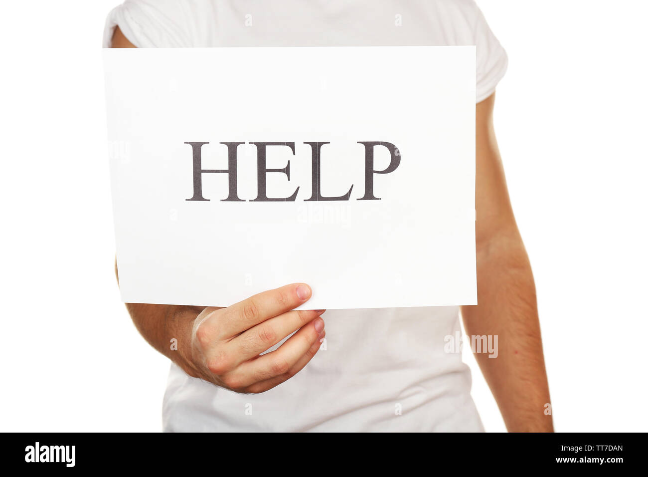 Sheet of paper with Help sign in male hand isolated on white Stock ...
