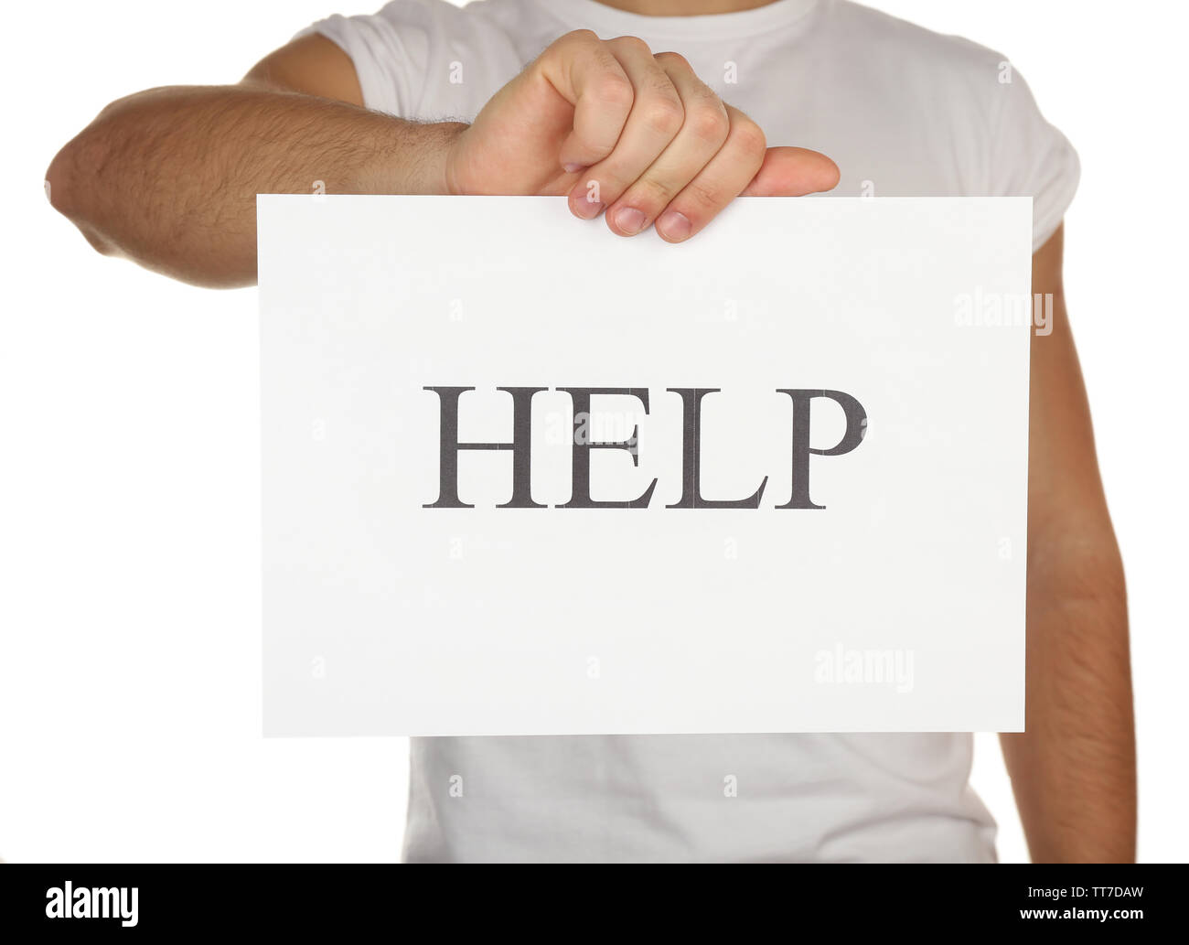 Sheet of paper with Help sign in male hand isolated on white Stock ...