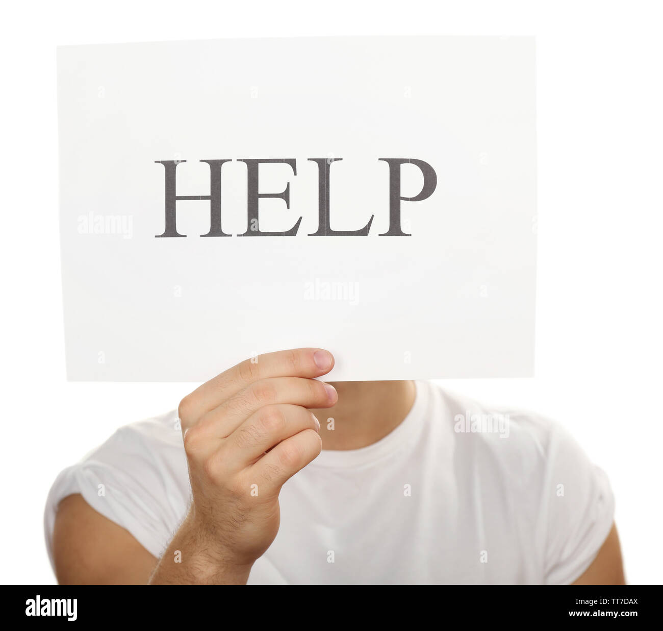 Sheet of paper with Help sign in male hand isolated on white Stock ...