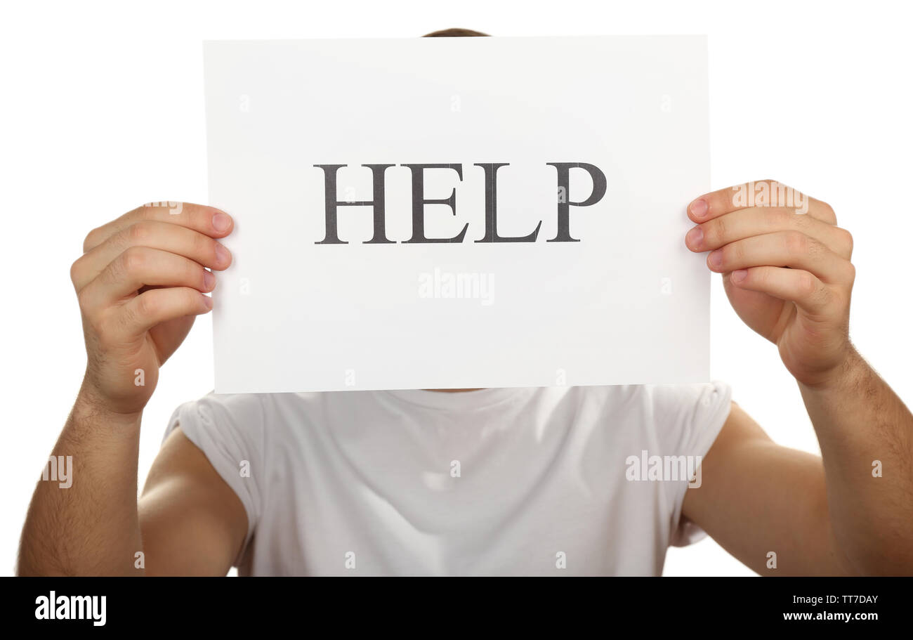 Sheet of paper with Help sign in male hands isolated on white Stock ...