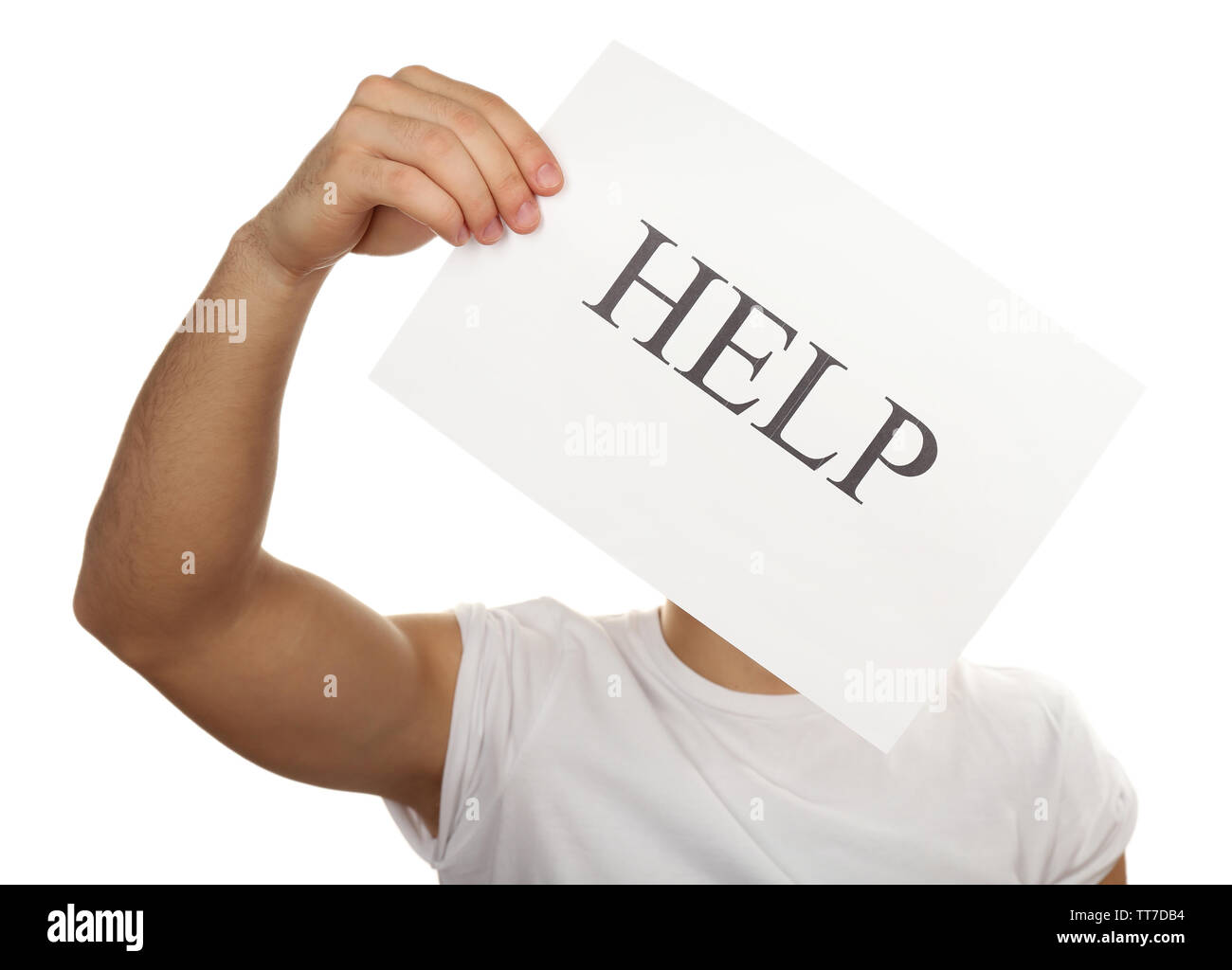 Sheet of paper with Help sign in male hand isolated on white Stock ...