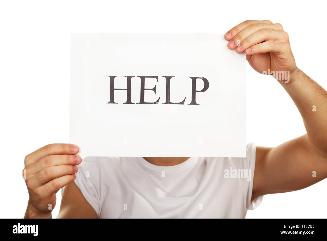 Sheet of paper with Help sign in male hands isolated on white Stock ...