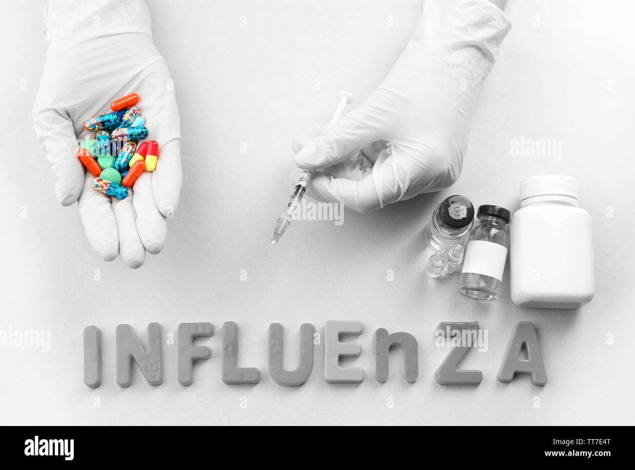 Human hand of pills Medicines with word Influenza on light background ...