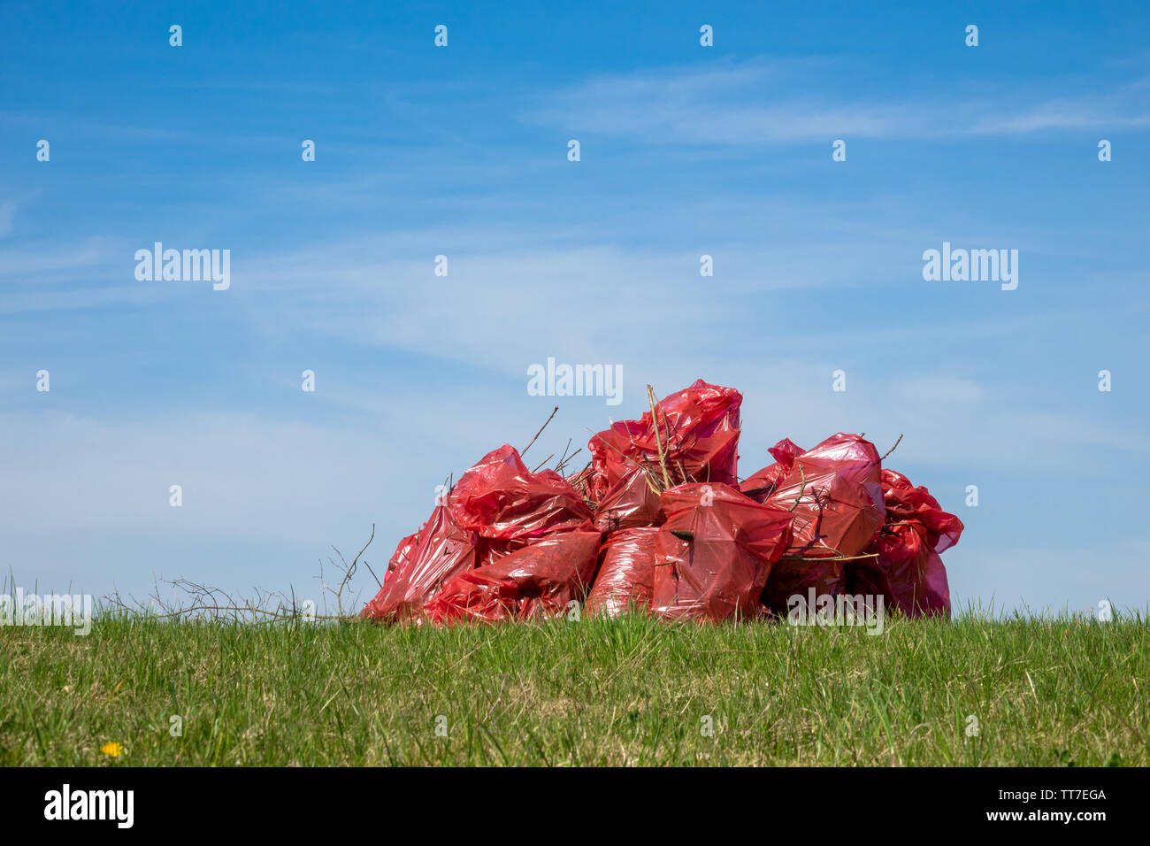 Spring cleaning, red plastic trash bags full of garbage Stock Photo - Alamy
