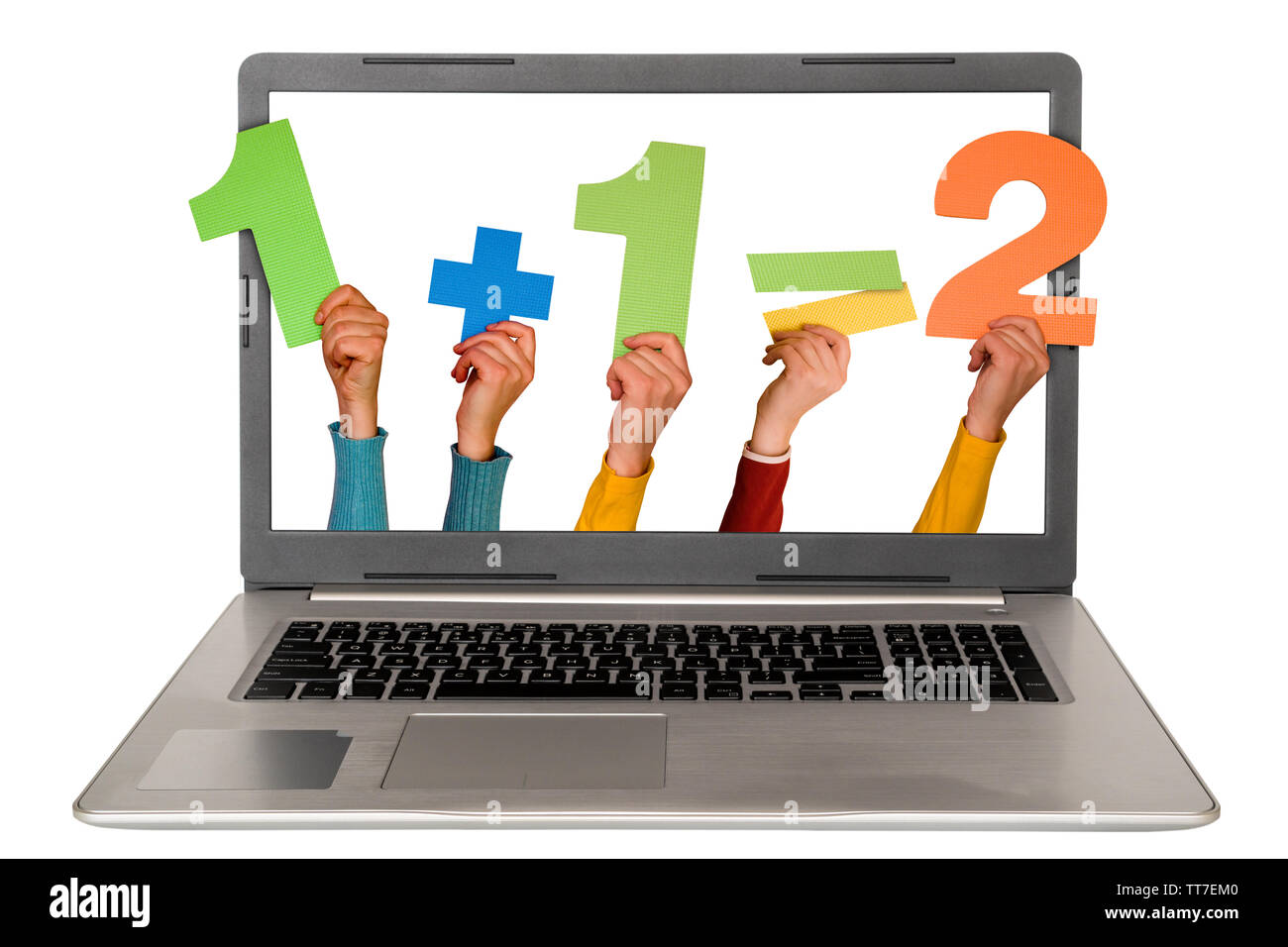 Online Education concept. Hands reaches out of a laptop with a math ...