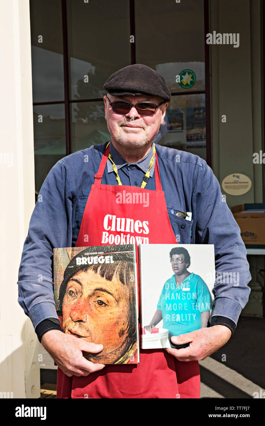 Bookseller at Clunes Booktown festival in the 1850`s gold mining town ...