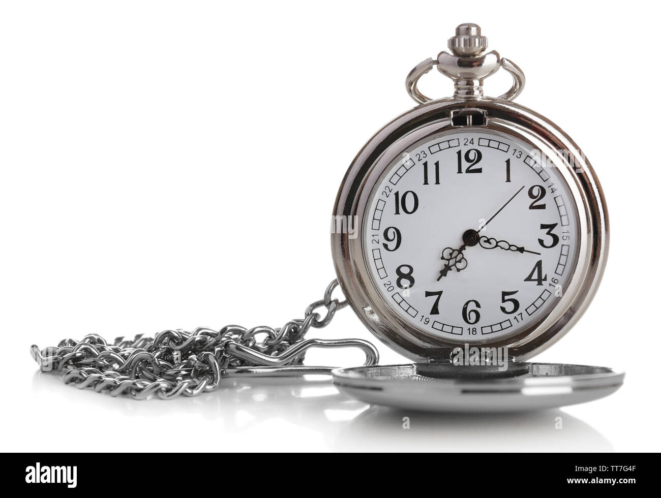 Silver pocket clock isolated on white Stock Photo - Alamy