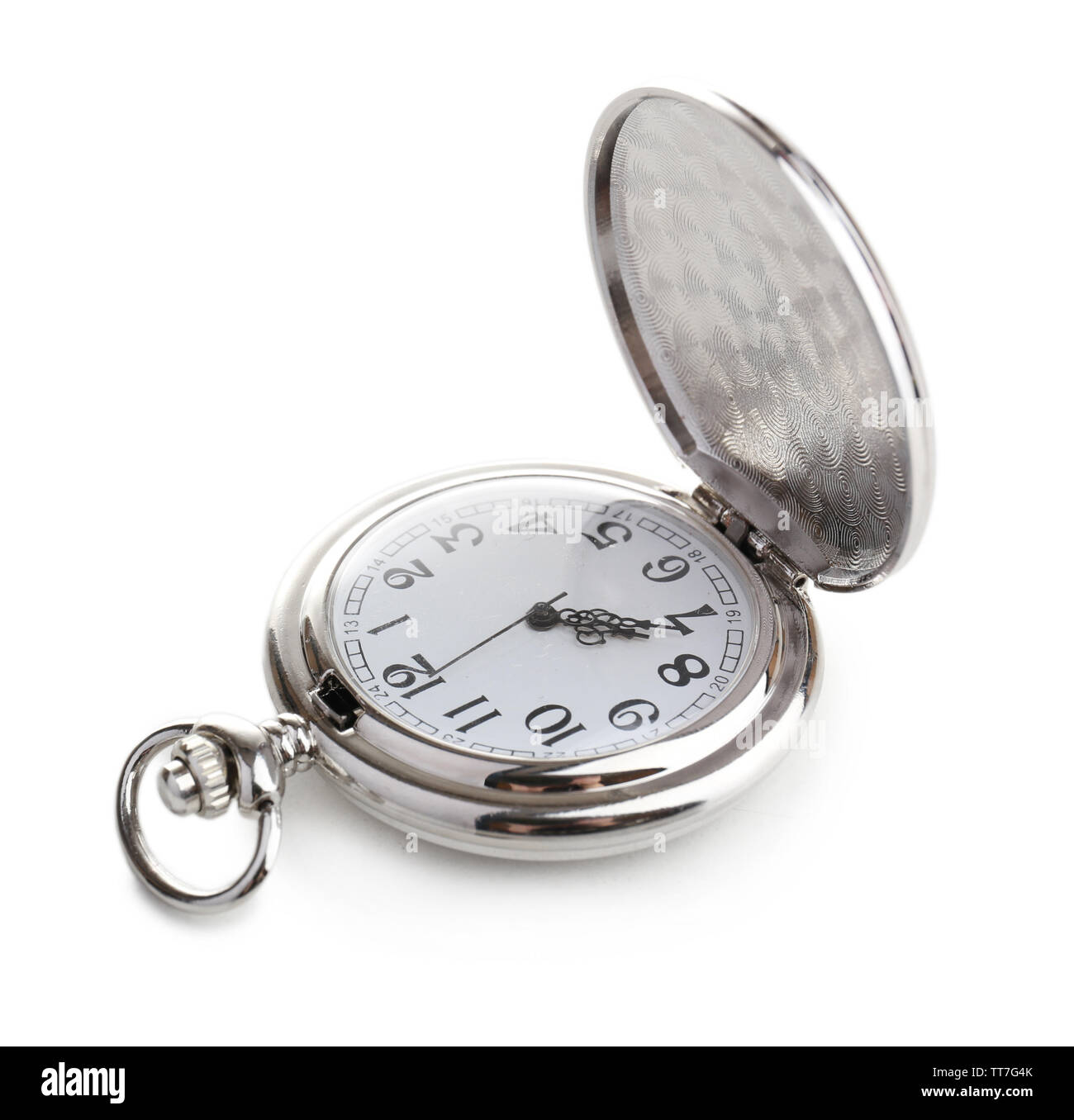 Silver pocket clock isolated on white Stock Photo - Alamy