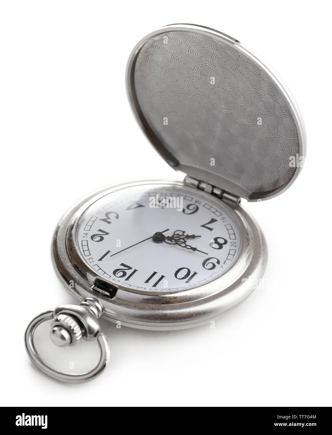 Silver pocket clock isolated on white Stock Photo - Alamy