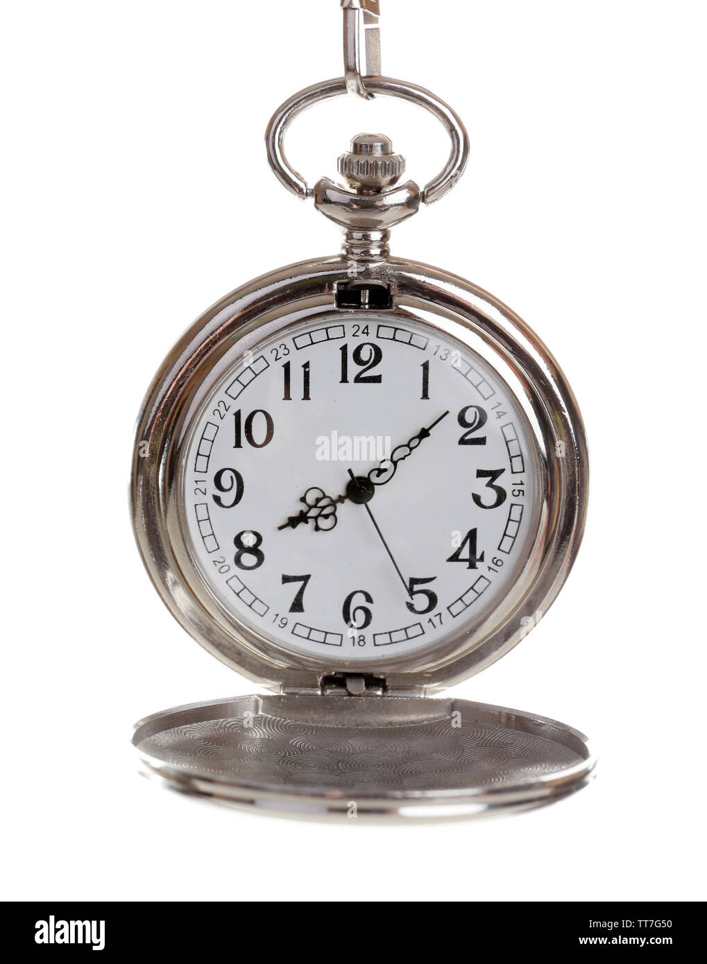 Silver pocket clock isolated on white Stock Photo - Alamy