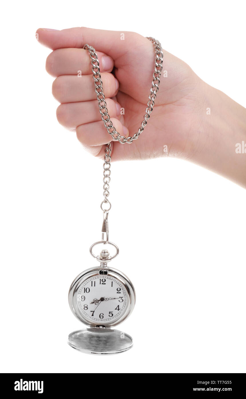 Silver pocket clock in hand isolated on white Stock Photo - Alamy