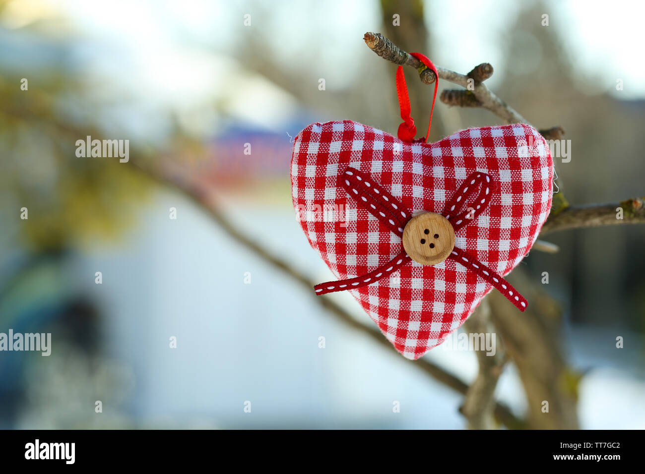 Tree branch with heart decoration on nature background Stock Photo - Alamy