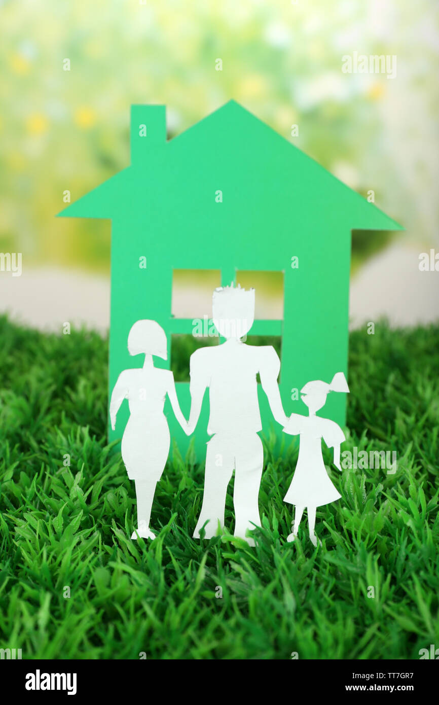 Cutout paper family and house on green grass and bright blurred ...